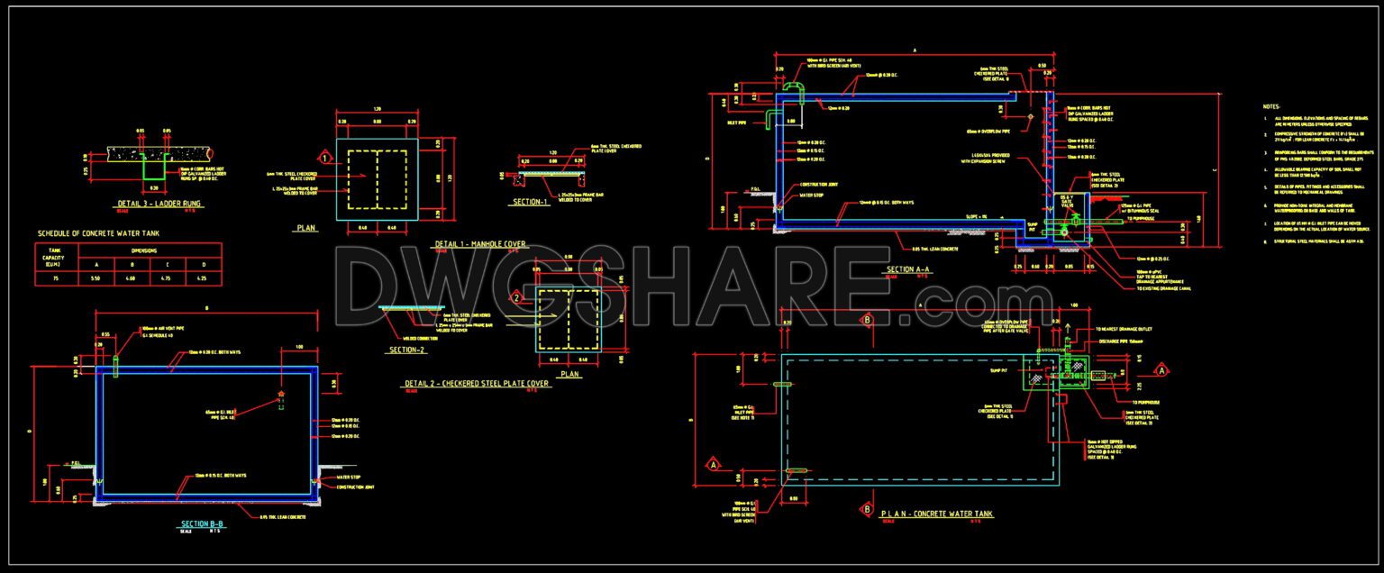 208. CAD drawing Of Water Tank Concrete Reinforcement Details Free download