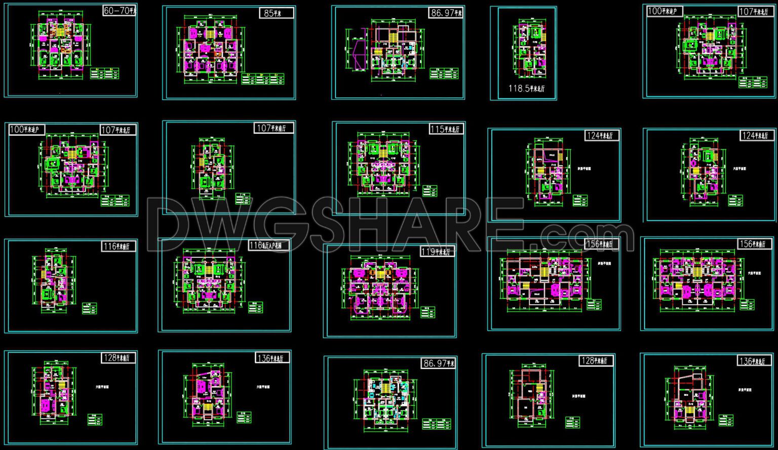 223. Functional layout plans of apartments ranging from 60m2 to 136m2