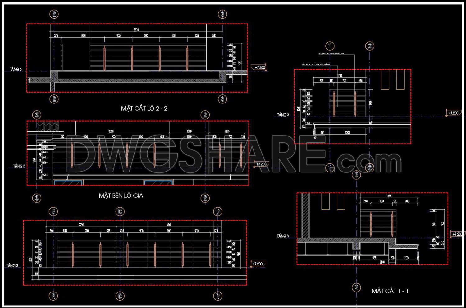 299. Detailed architectural CAD drawings of the facade, balcony ...