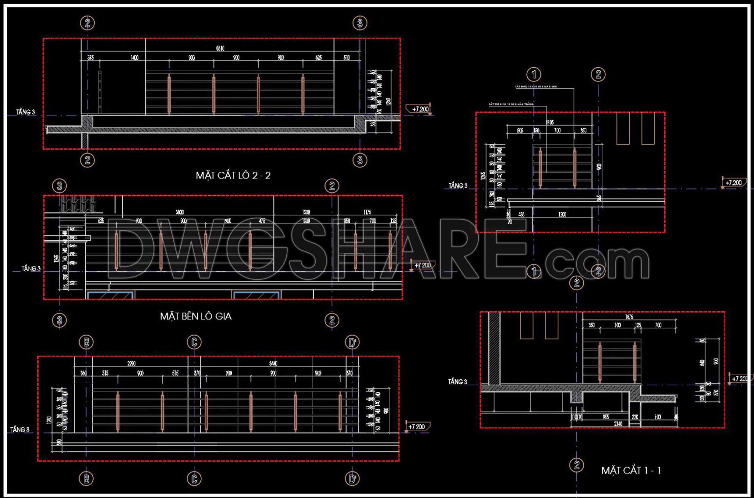 299. Detailed architectural CAD drawings of the facade, balcony ...