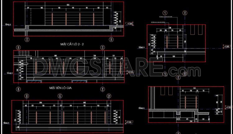 299. Detailed architectural CAD drawings of the facade, balcony ...