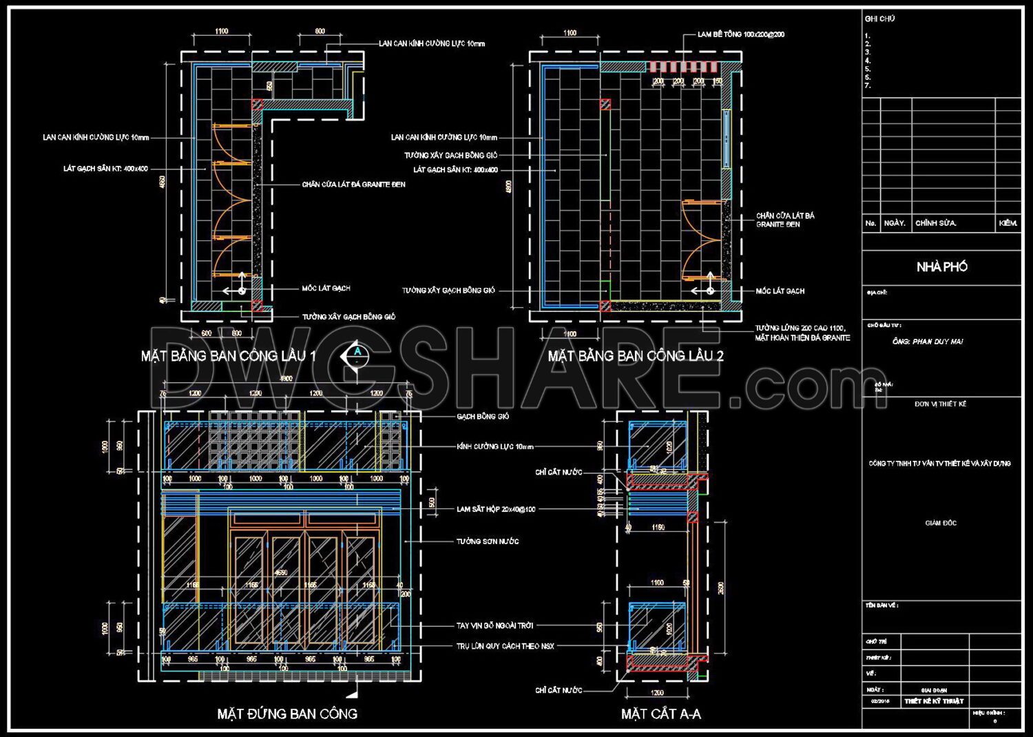 310. Detailed architectural CAD drawings of the balcony, railing, and ...