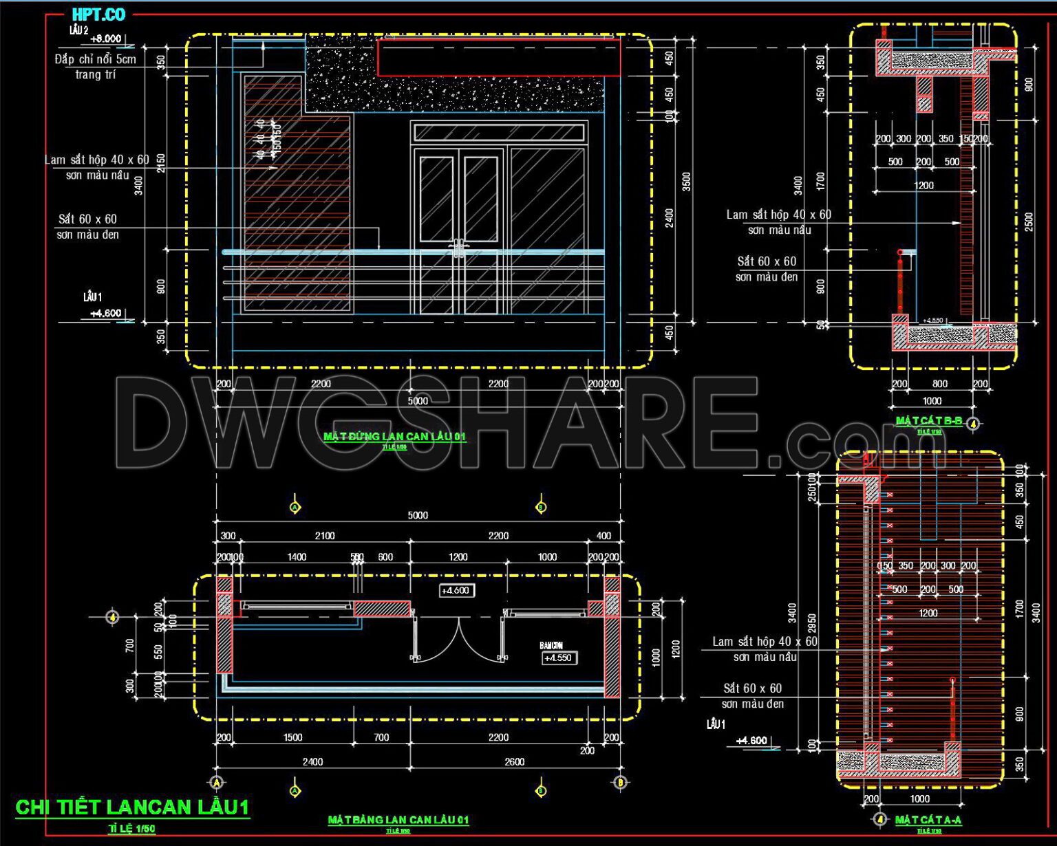 318. Detailed architectural CAD drawings of the balcony, railing, and ...