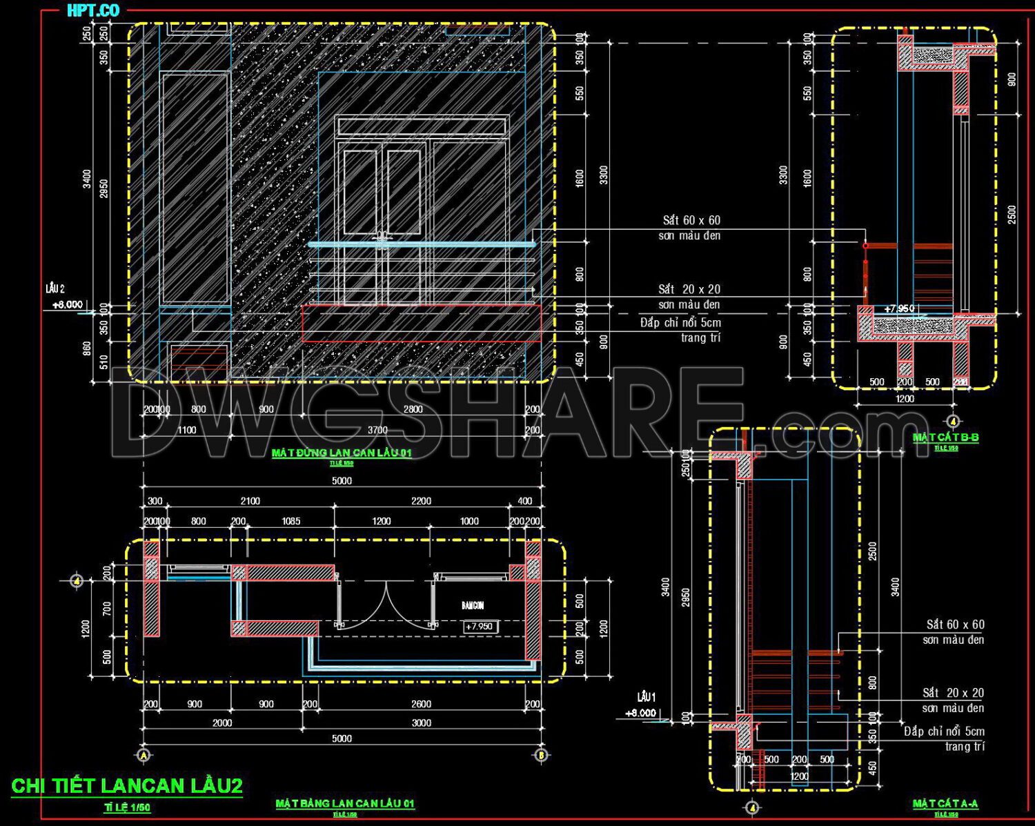 318. Detailed architectural CAD drawings of the balcony, railing, and ...
