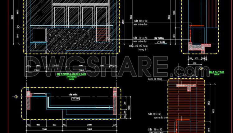 318. Detailed architectural CAD drawings of the balcony, railing, and ...