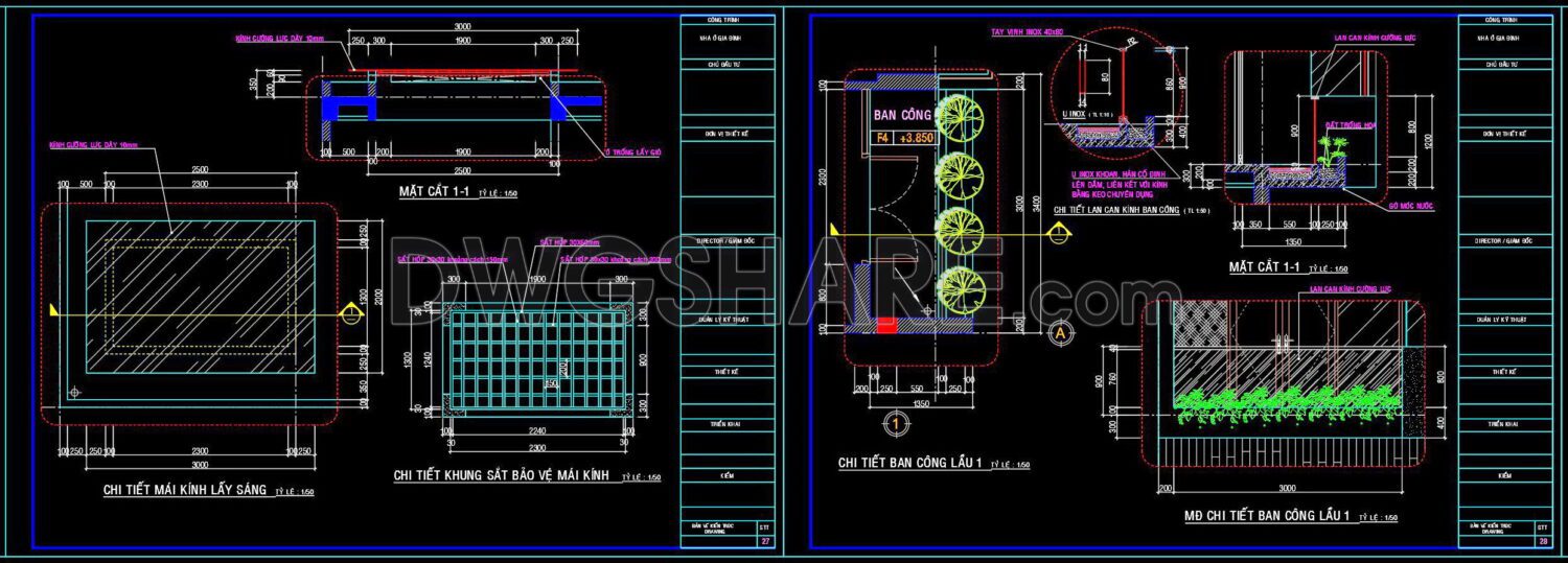 319. Detailed architectural CAD drawings of the balcony, railing, and ...
