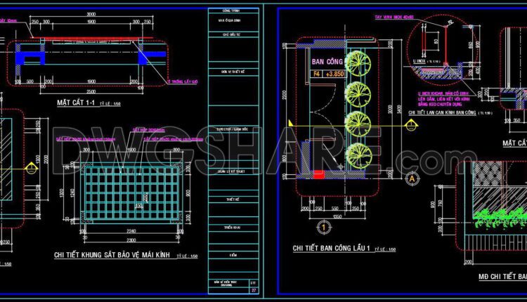 319. Detailed architectural CAD drawings of the balcony, railing, and ...