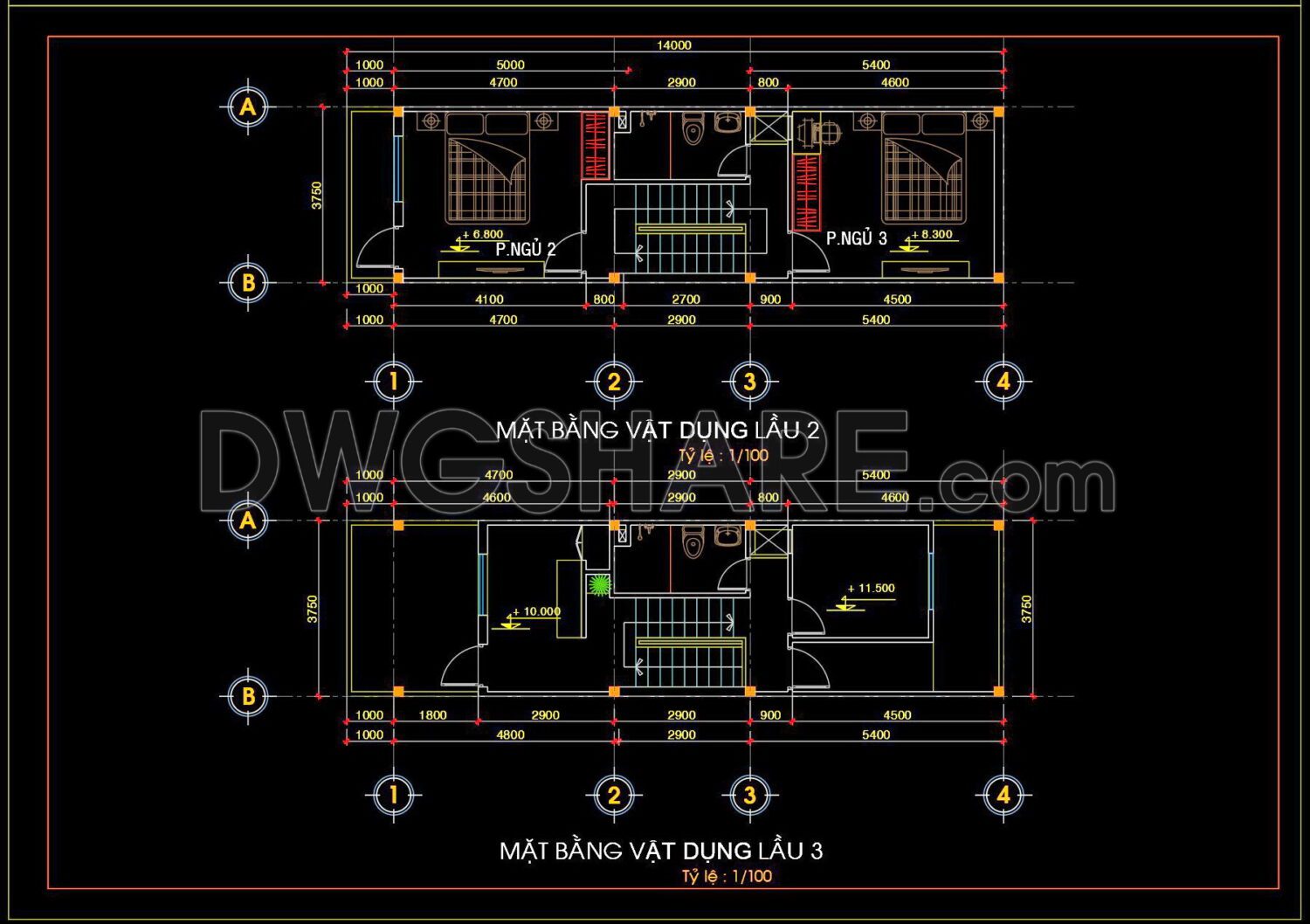 340. CAD design drawings for a 3-story townhouse with dimensions of 3.7m x 14m