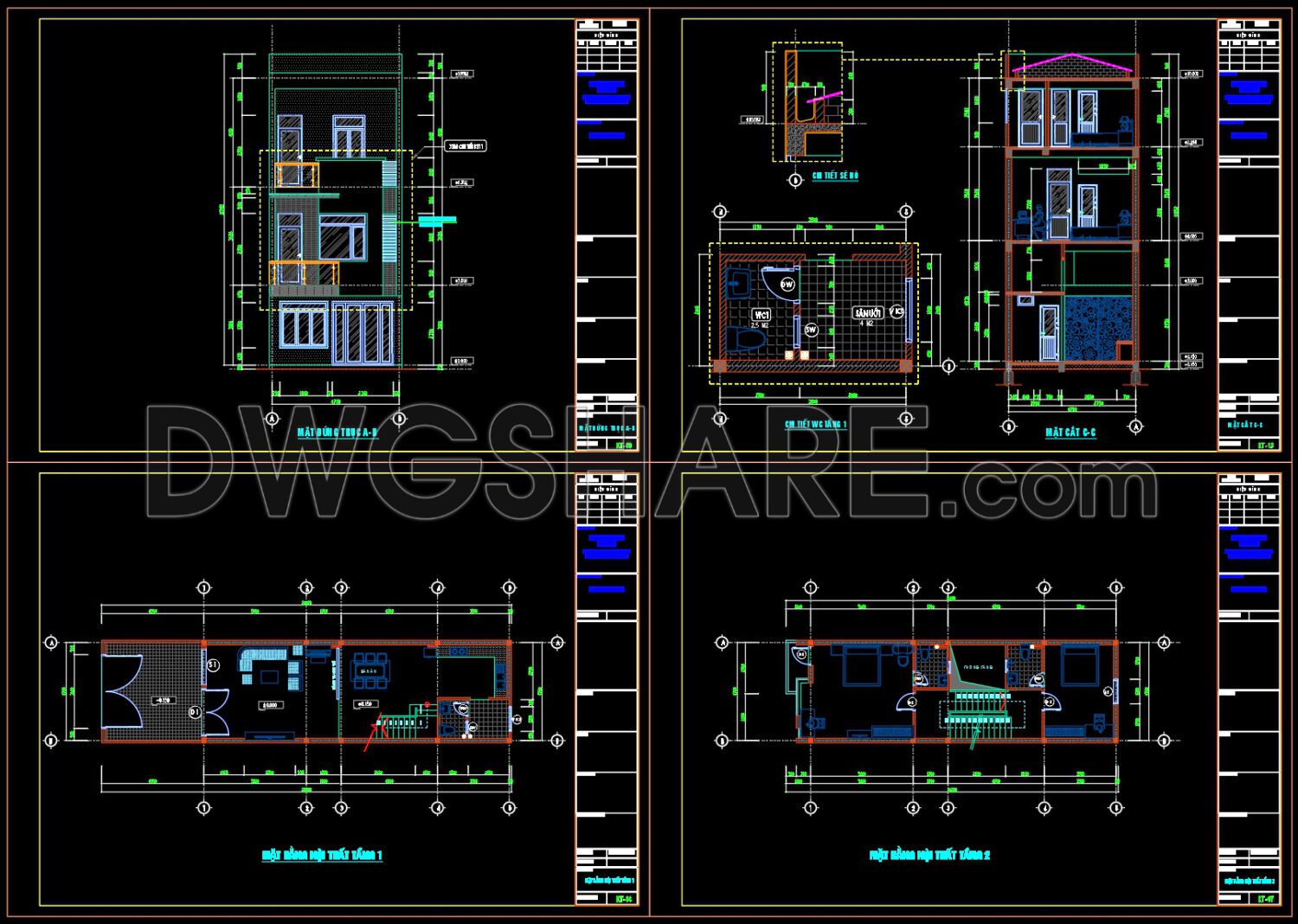 348. CAD design drawings for a 2-story townhouse with dimensions of 5m ...