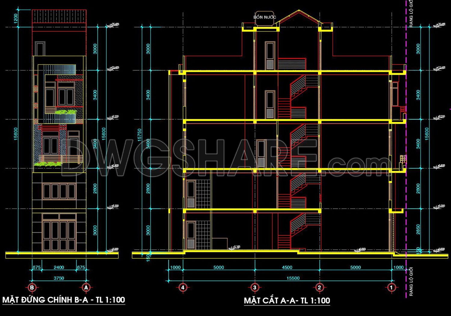 351. CAD design drawings for a 4-story townhouse with dimensions of 3 ...