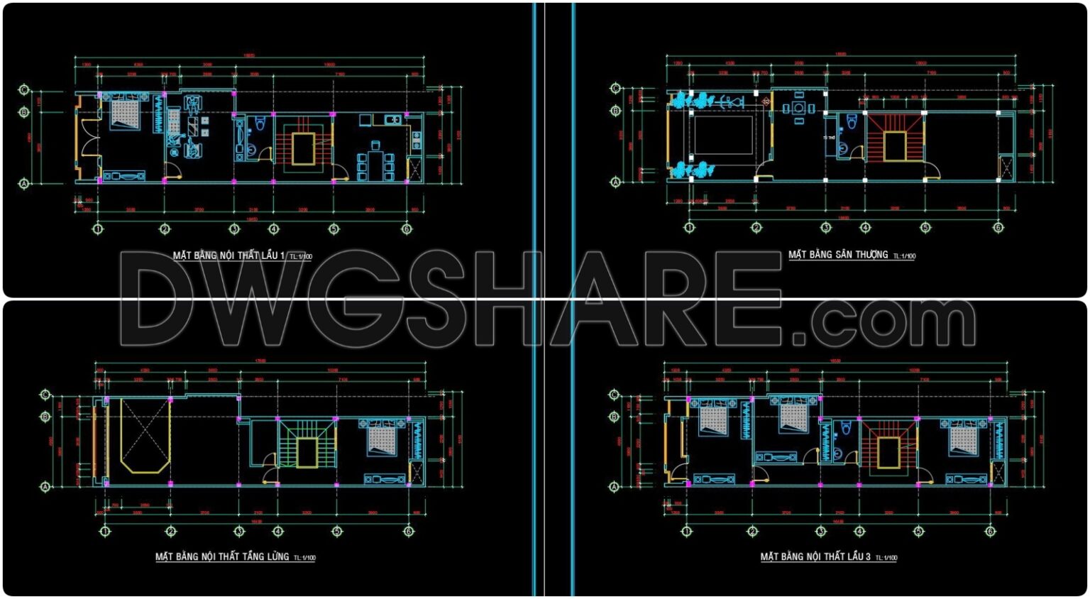 358. CAD design drawings for a 5-story townhouse with dimensions of 4 ...