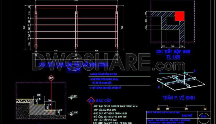 331. Detailed architectural CAD drawings of the balcony, railing of the ...