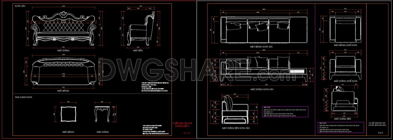 337. Free Download CAD drawings of the technical details of various types of Sofas