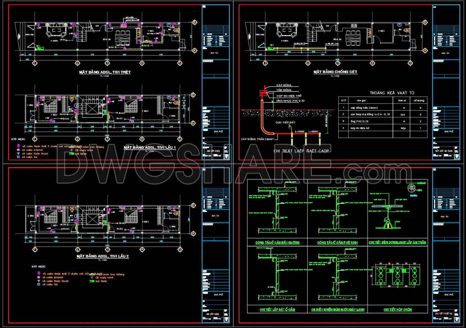 107. CAD drawings for detailed electrical designs for a 3-story townhouse
