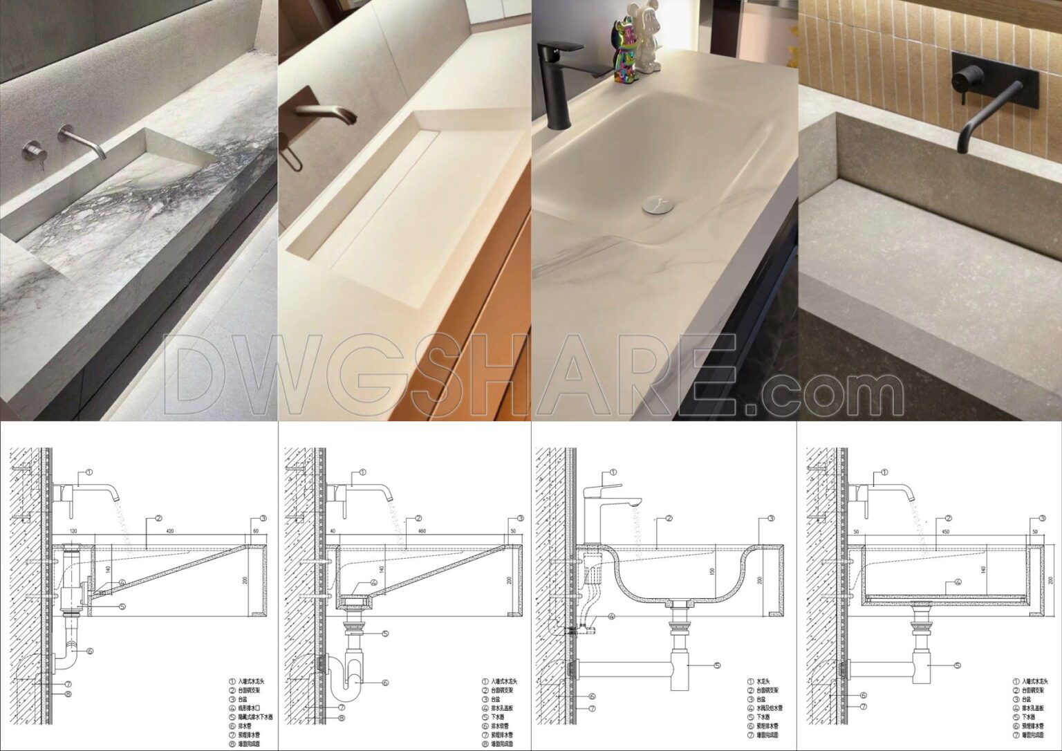 395. Free Download of CAD Section Detail Drawings for 4 Hand Wash Basin ...