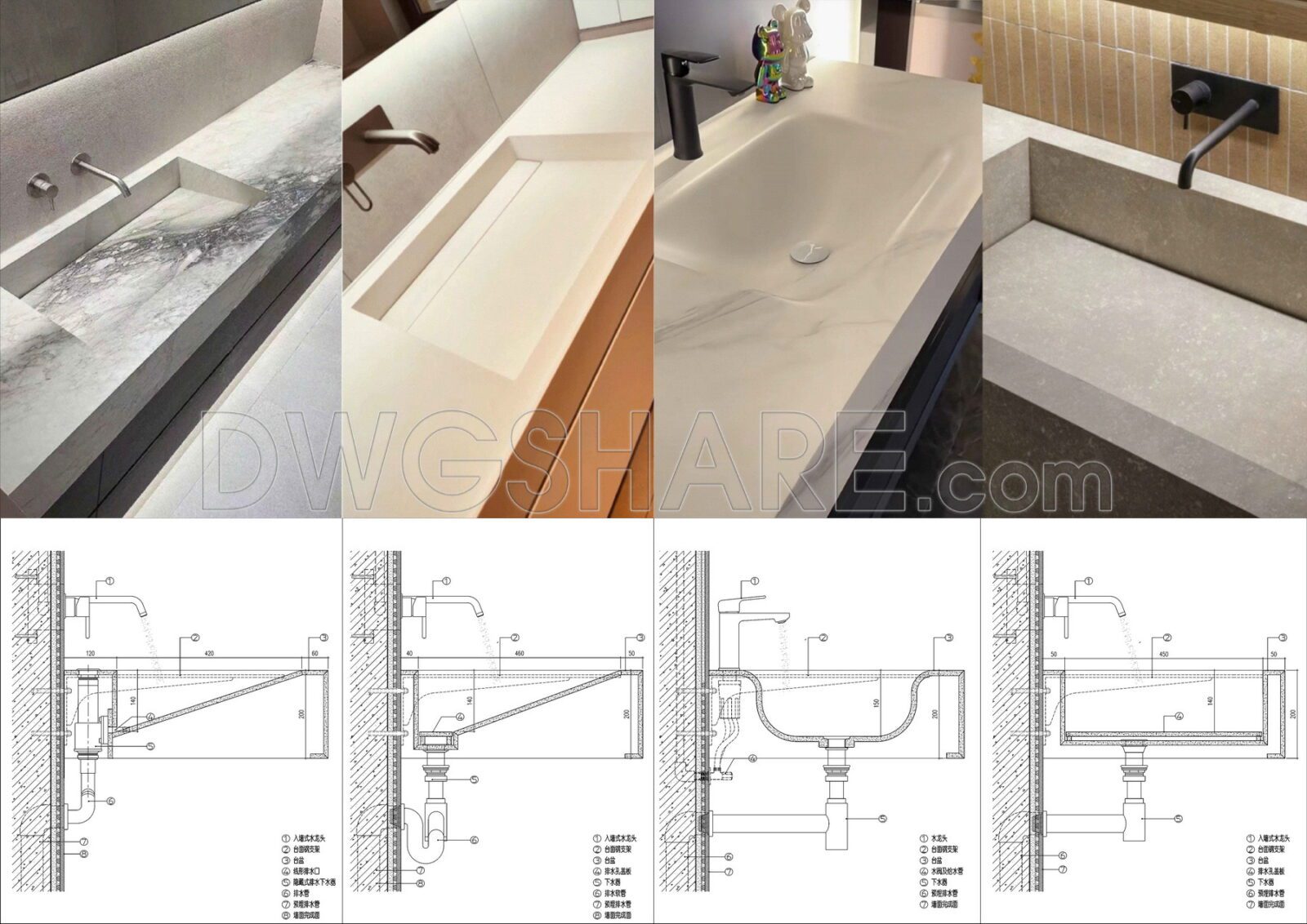 395. Free Download of CAD Section Detail Drawings for 4 Hand Wash Basin ...