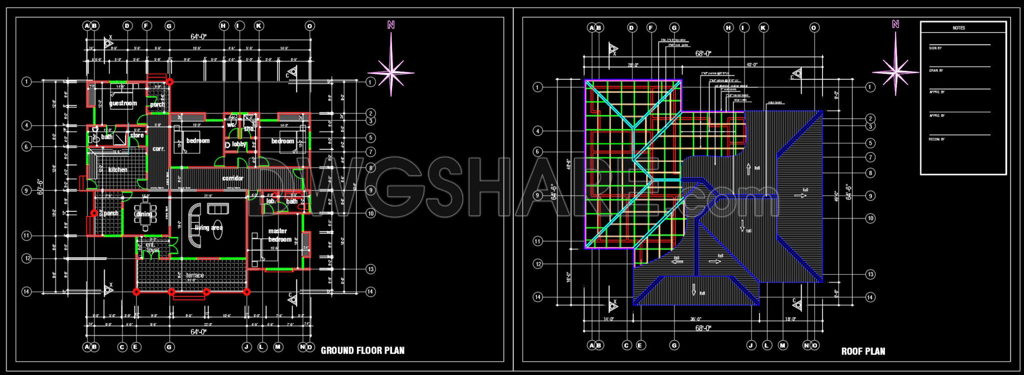 755. Free Download CAD Design Drawings of a One-Story, Four-Bedroom ...