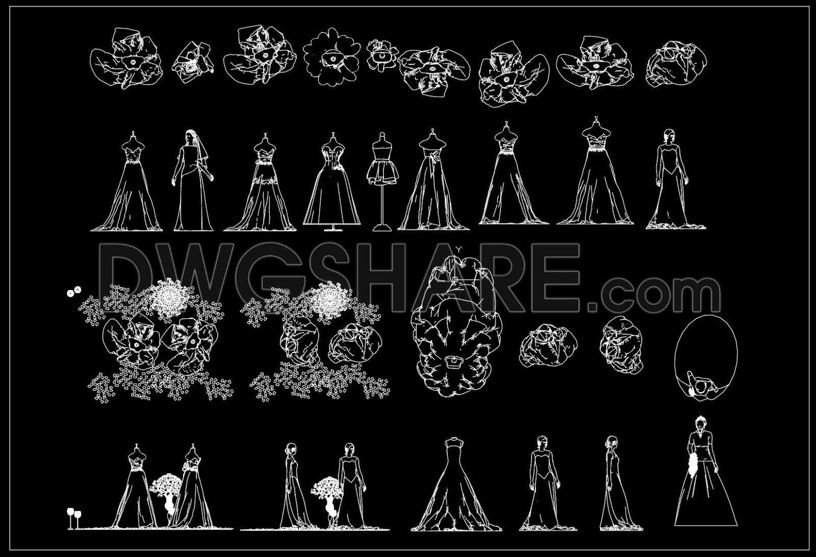 20. Free Download of Wedding Dress and Floral Decoration CAD Blocks