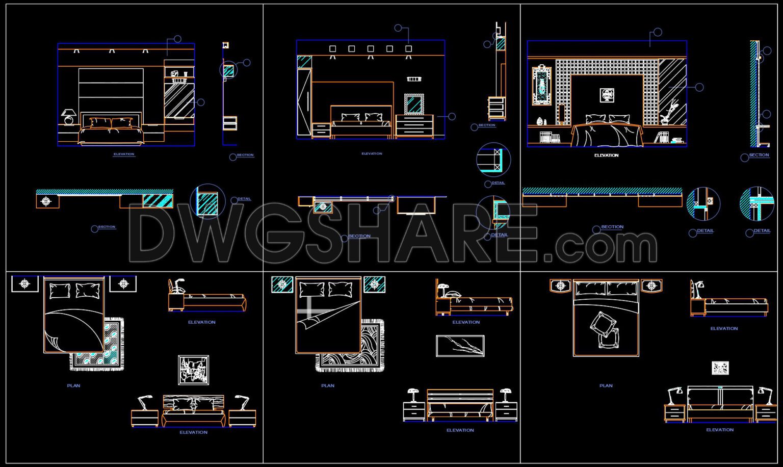 49. Free Download of CAD Blocks for Bedroom Floor Plans and Elevations