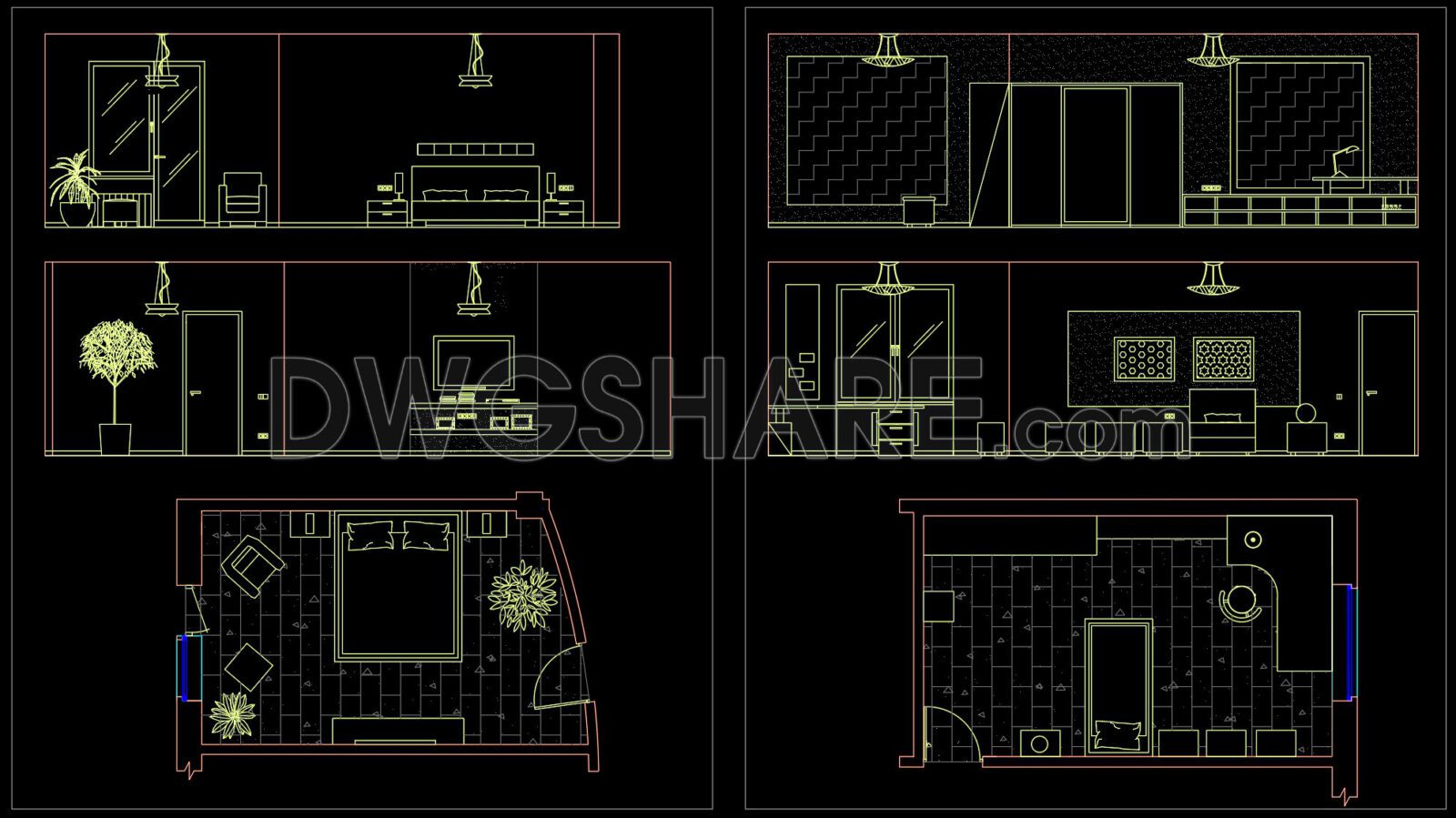 50. Free Download of CAD Blocks for Bedroom Floor Plans and Elevations