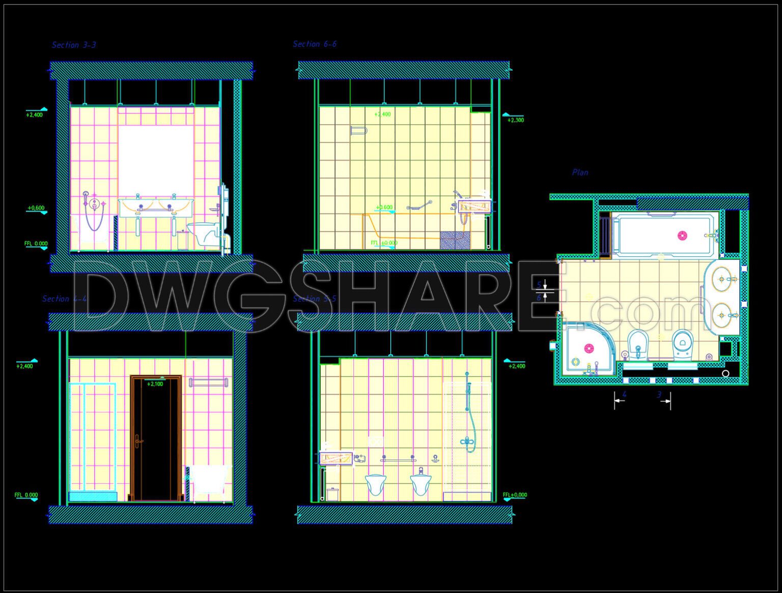345. Free download of CAD design drawings for a bathroom with floor ...