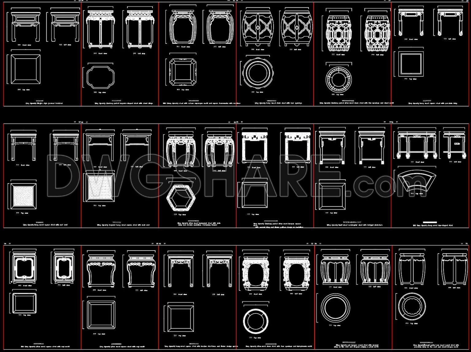 346. Free CAD Blocks – Chinese Antique Stools & Tables Collection