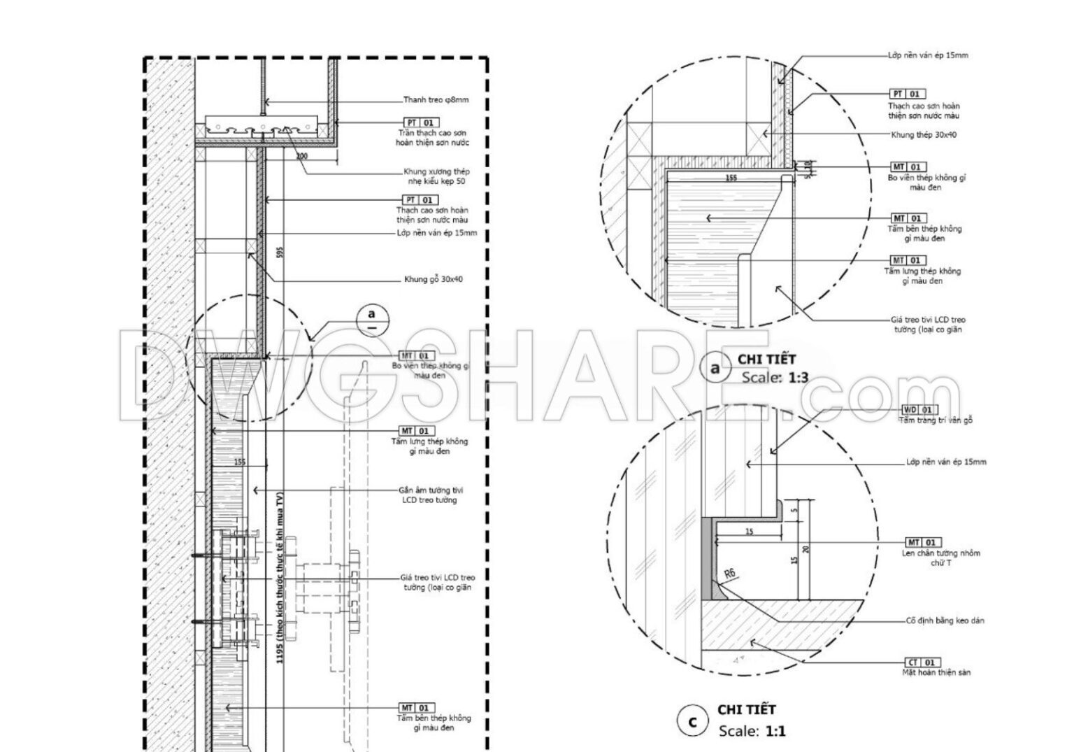 542. Free Download Modern Minimalist TV Wall Construction Detail Drawing