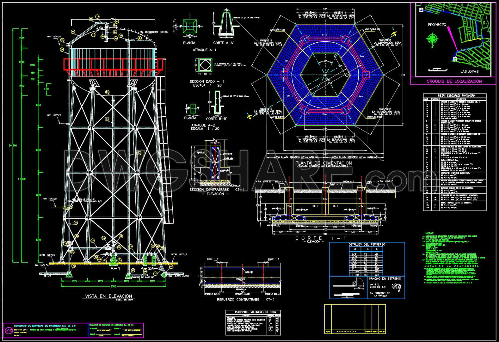 601. Free Download Structural CAD Template DWG for 20m High Water Tank ...