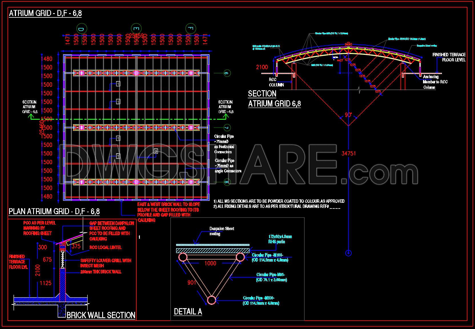 602. Free Download CAD File – Atrium Roof Grid Structure Details