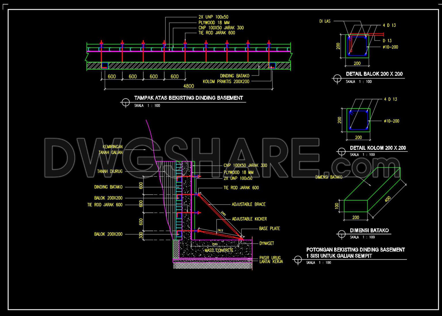 605. Free Download CAD Template DWG for Basement Wall Formwork Details