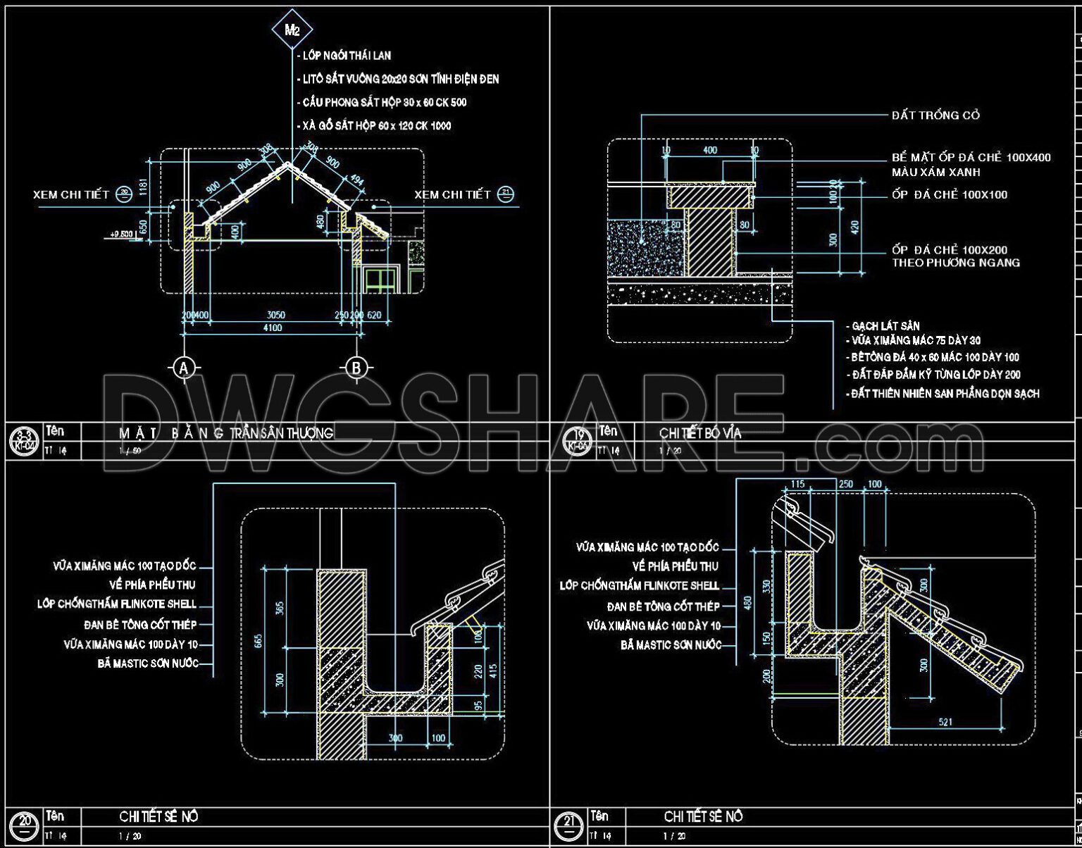 427. Free Detailed CAD Drawing of Roof and Drainage Construction Sections
