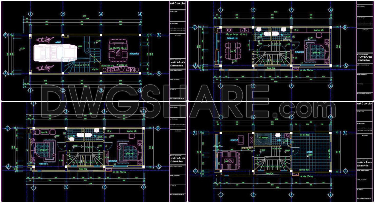 427. Free Download CAD Design Drawings for a 4-Story House with Dimensions 4.2m x 12.2m