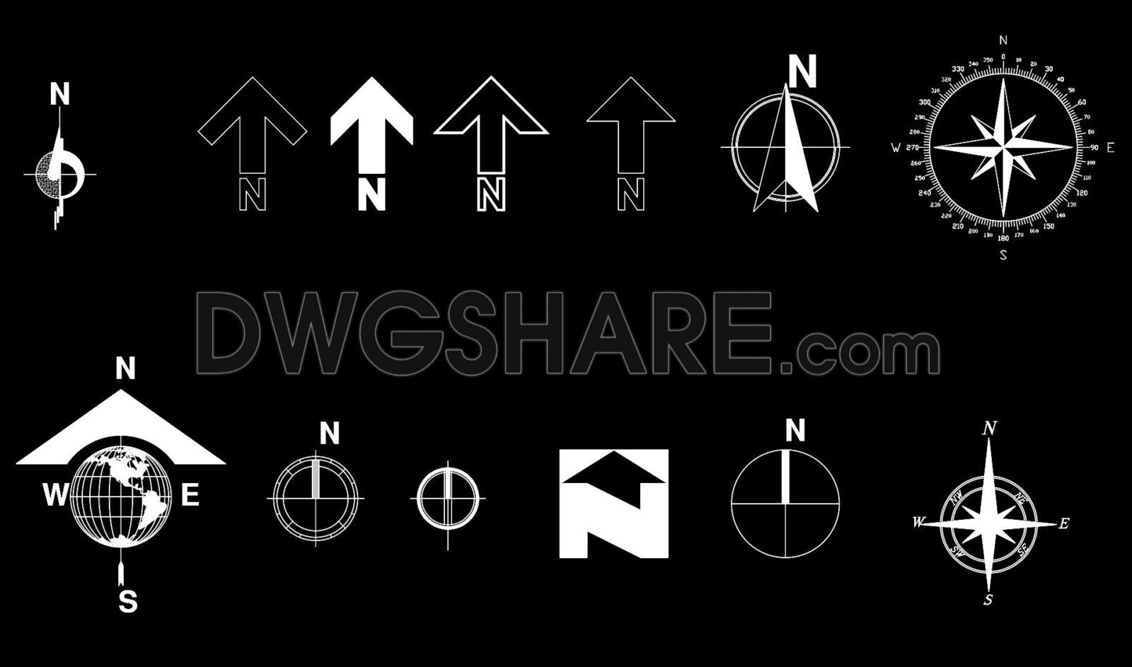 47. Free Download North Arrow & Compass Rose CAD Blocks