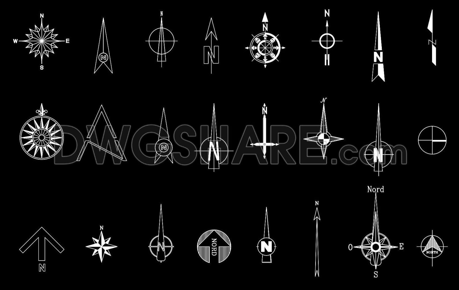 47. Free Download North Arrow & Compass Rose CAD Blocks