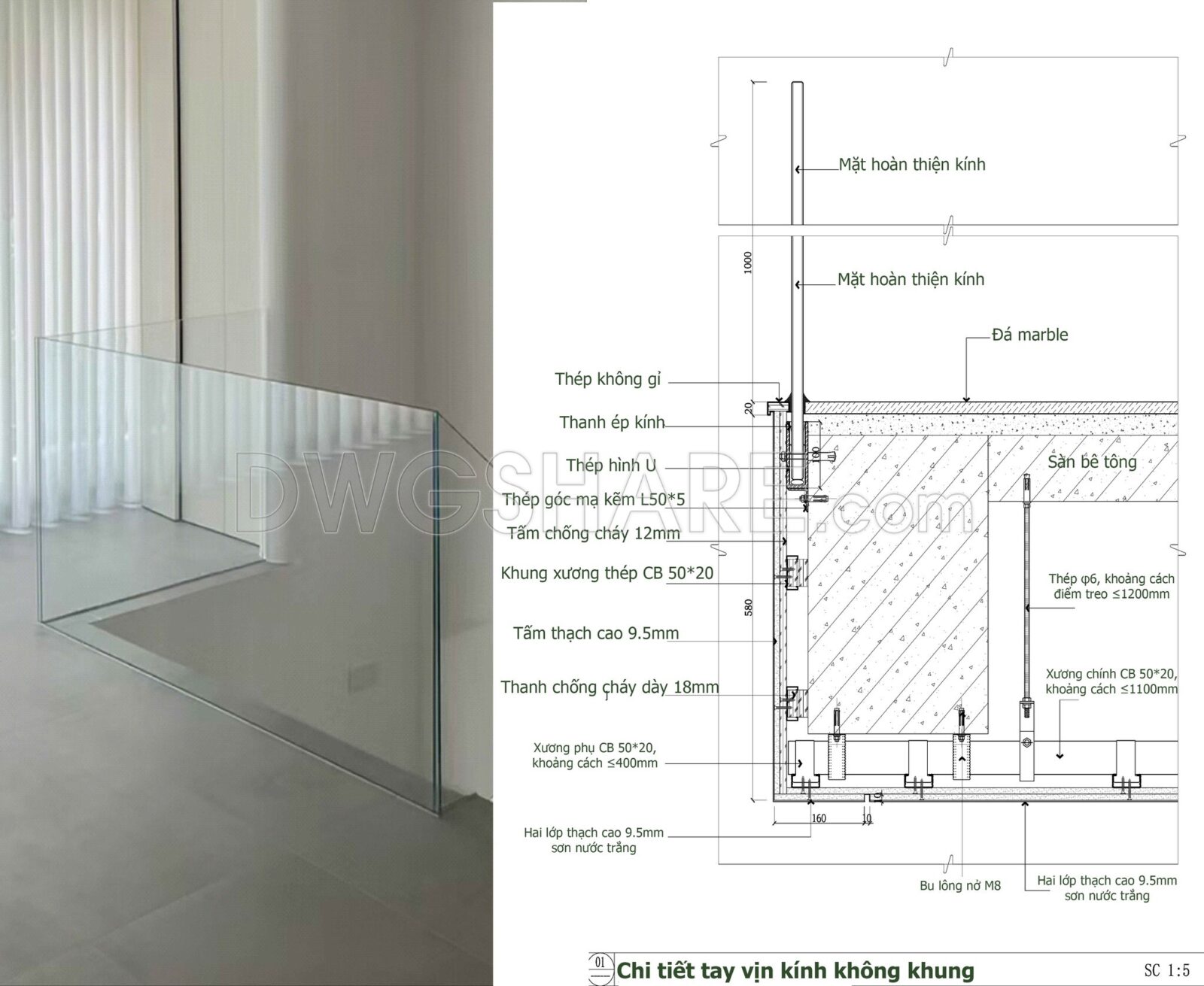 543. Free CAD Frameless Glass Railing Detail DWG