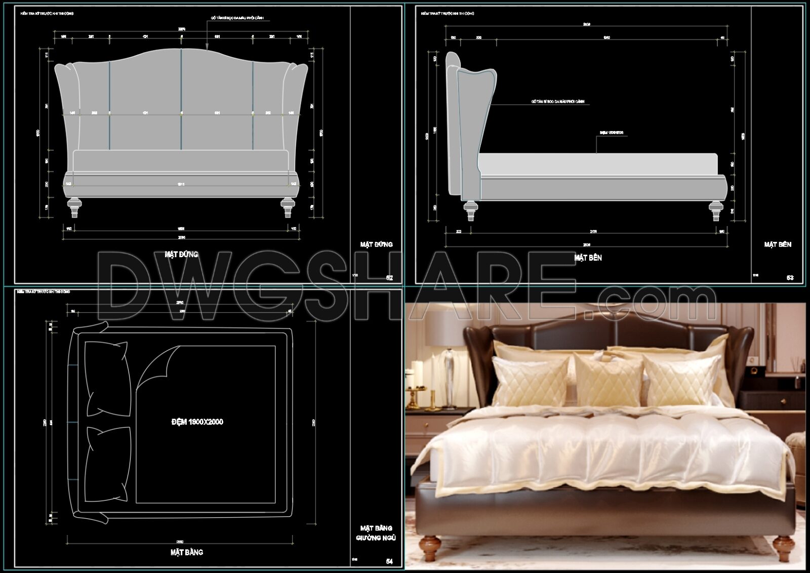 57. Free Download Neoclassical Bed CAD Drawing with Dimensions