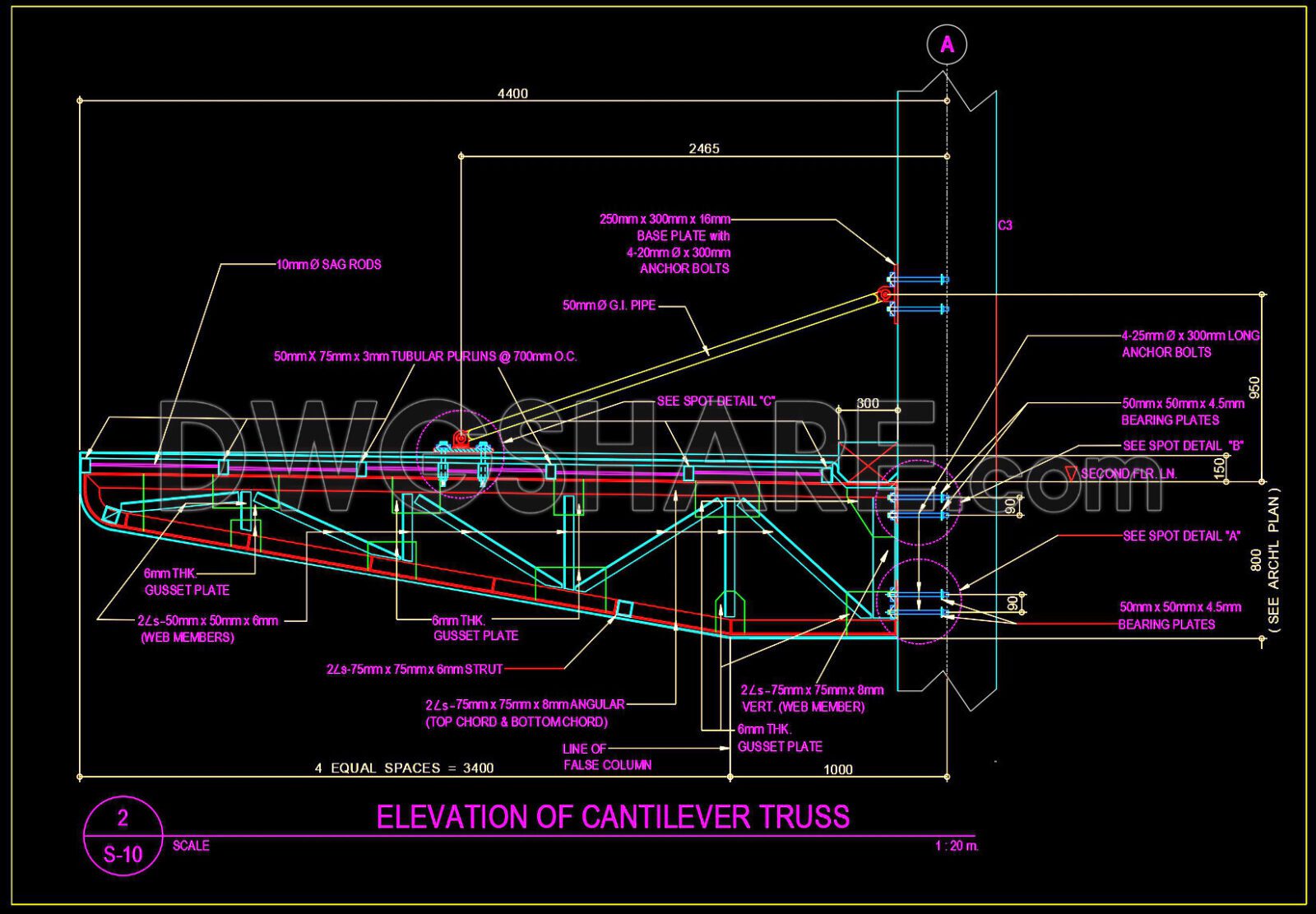 613. Free DWG CAD Template for Cantilever Truss Elevation Details