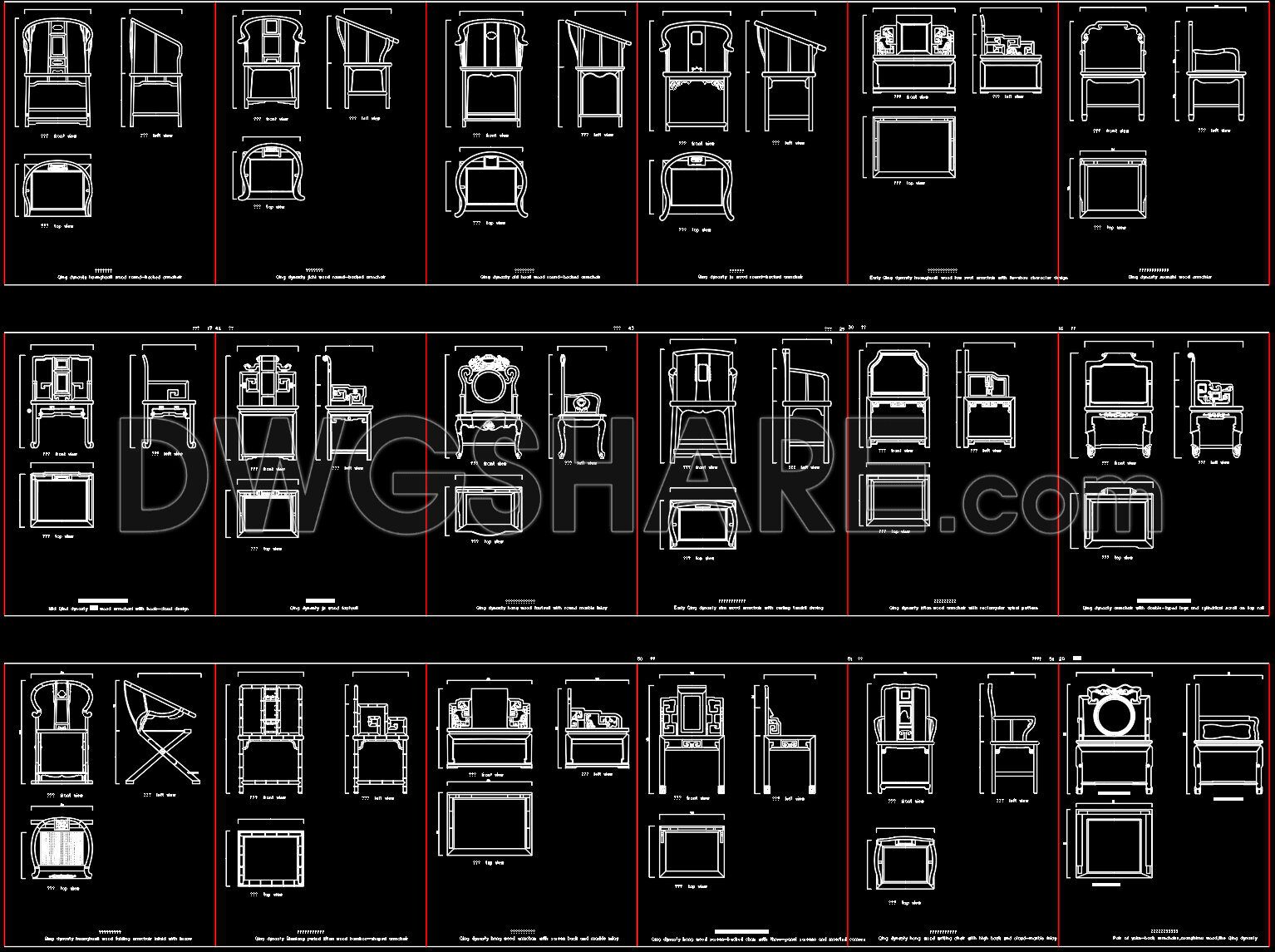 351. Free CAD Blocks – Chinese Chairs Collection