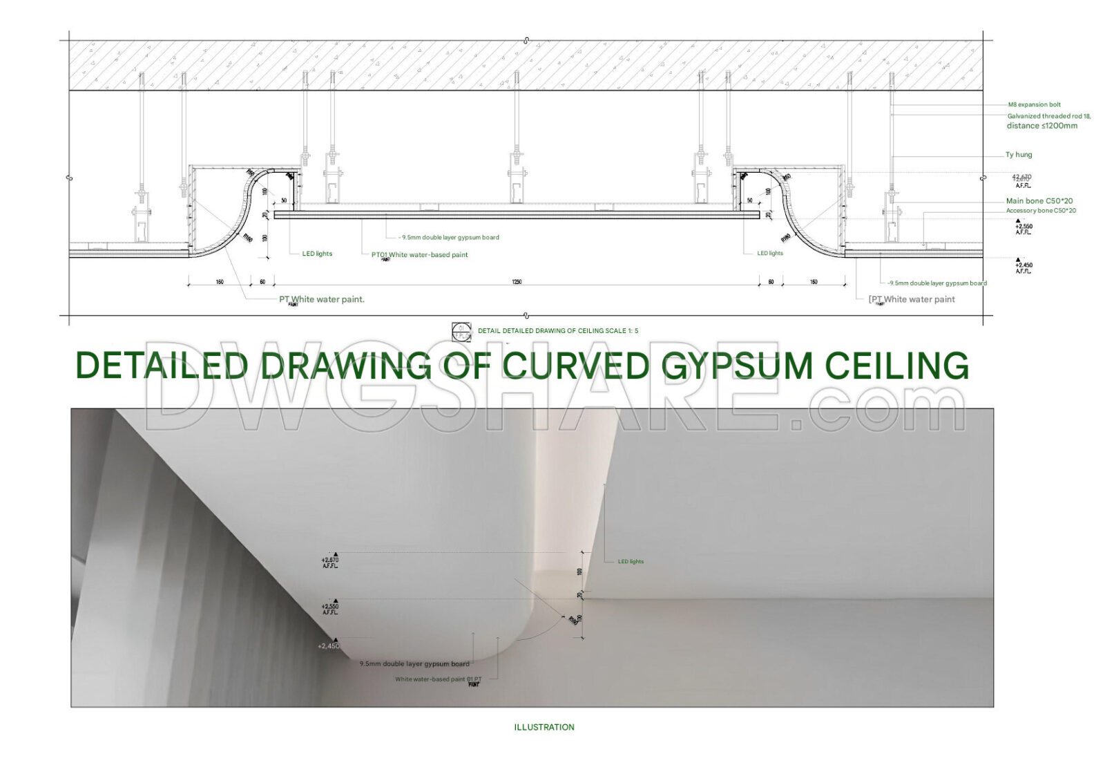 552. Free CAD Detail Curved Gypsum Ceiling with Cove Lighting