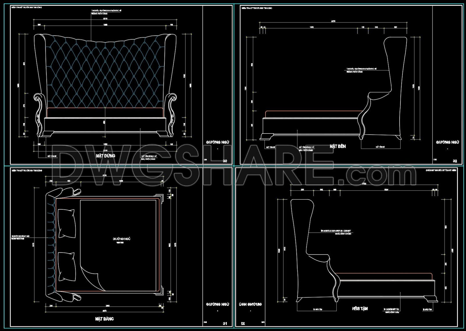 59. Free Download Neoclassical Bed CAD Drawing with Dimensions
