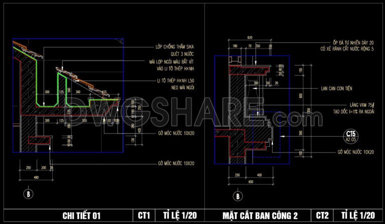 426. Free Download CAD Detail – Roof Gutter and Balcony Section