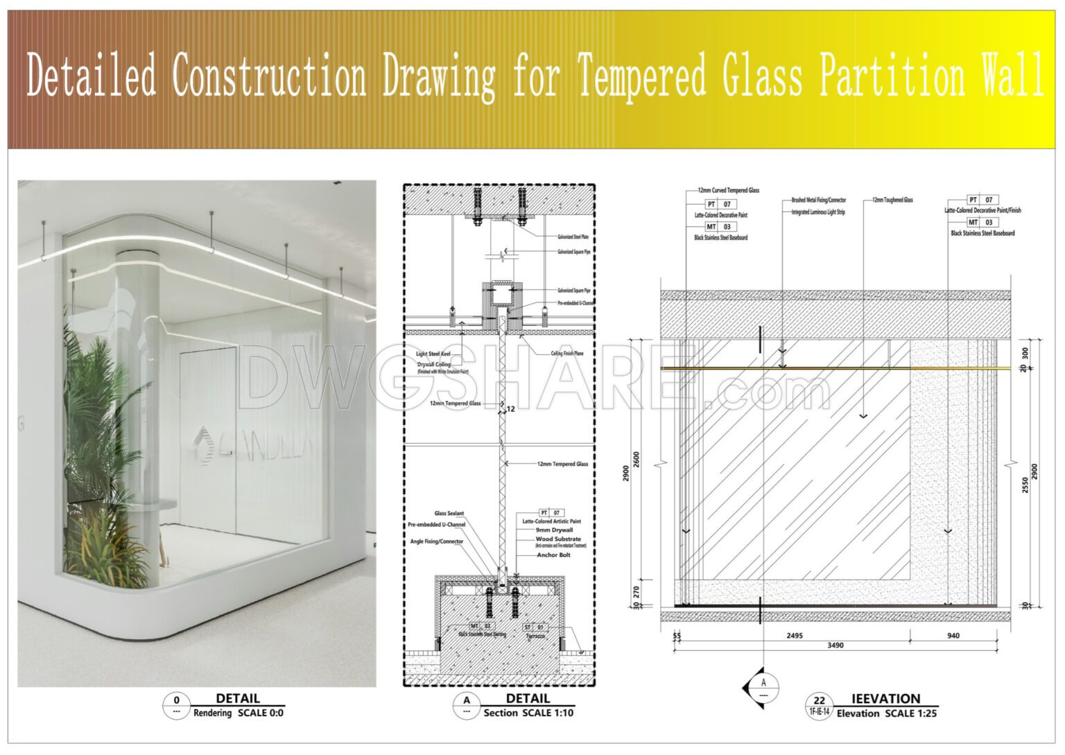 563. Free Download Detailed Construction Drawing for Tempered Glass ...