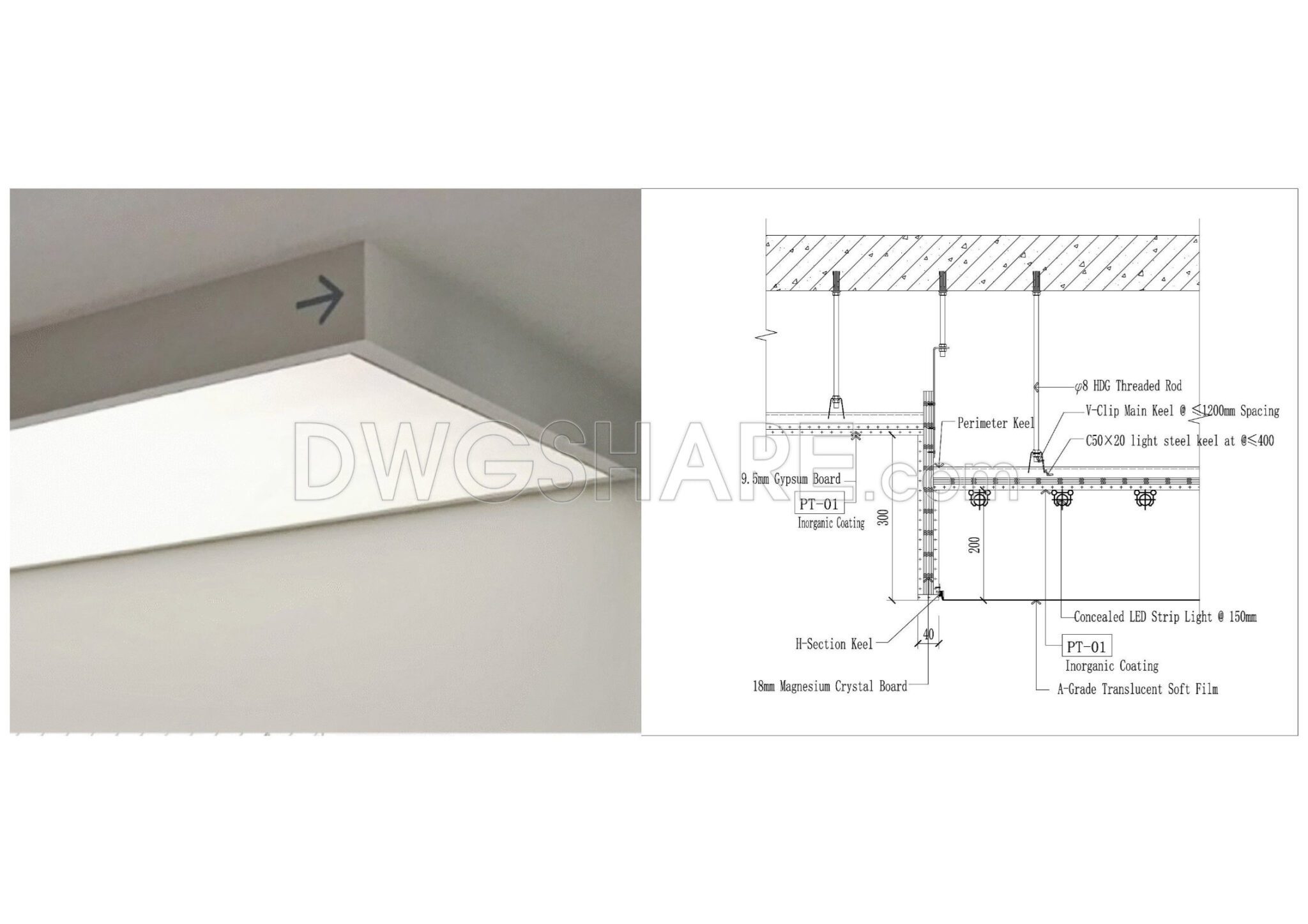 564. Free Download Detailed CAD Section of Integrated Light Box Ceiling ...