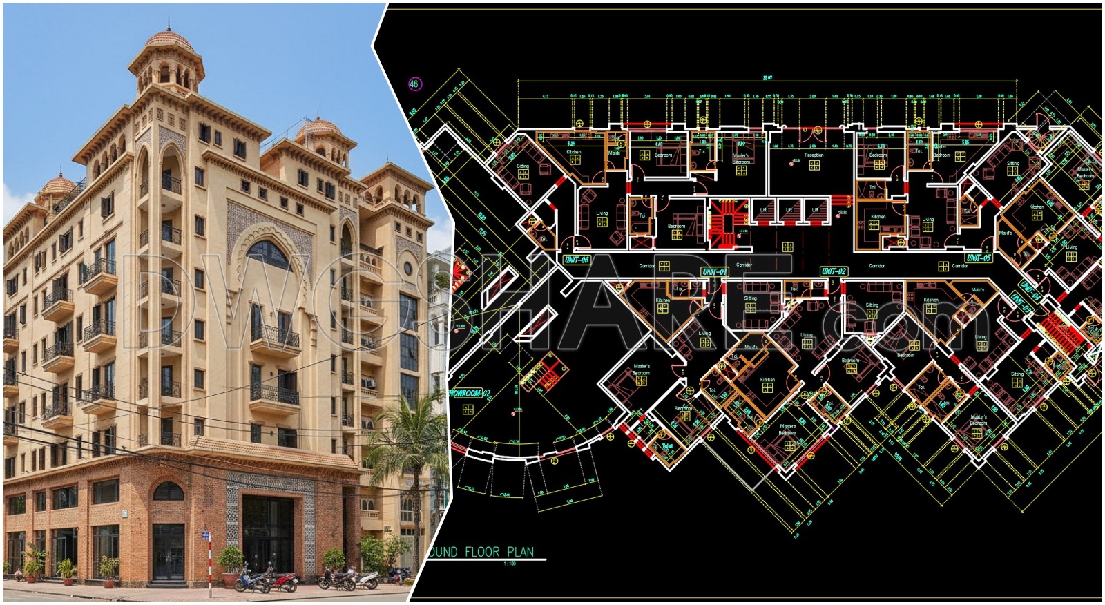 44. Free Download – Ground Floor Architectural Cad Plan Of High-rise ...