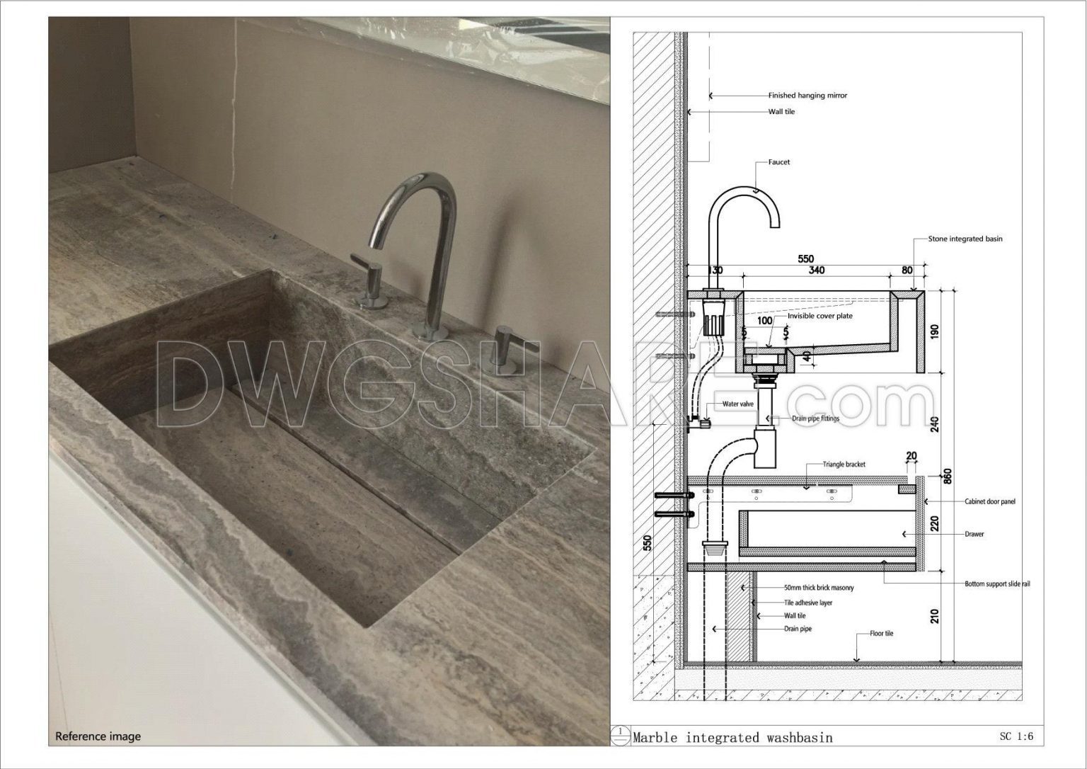 431. Modern Stone Integrated Washbasin Design – Detailed Technical Drawings