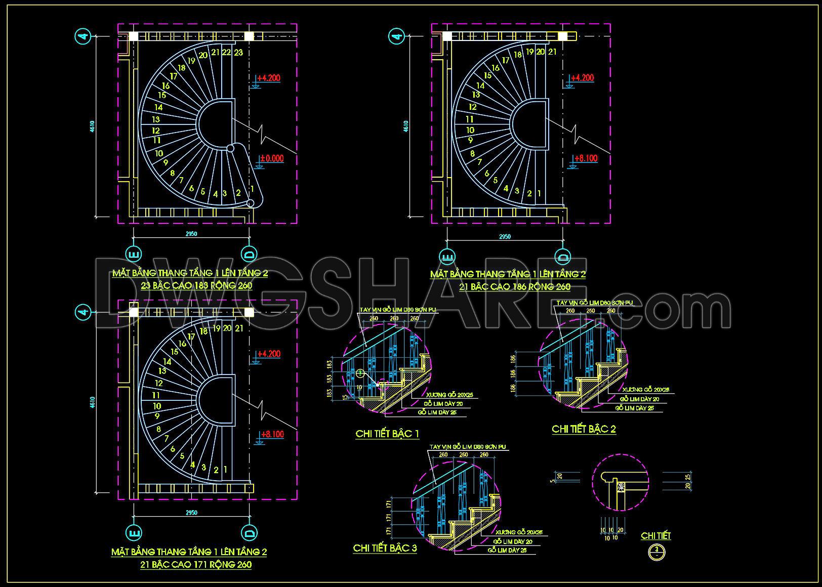 448. Free CAD Drawing – Spiral Staircase with Wooden Handrail