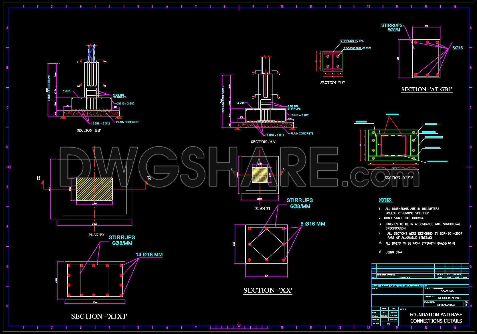 652. Foundation and Base Connections CAD Details – Free Download Drawing