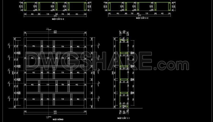 130. Free Download Detailed CAD Drawing of Wooden Bookshelf for Living ...