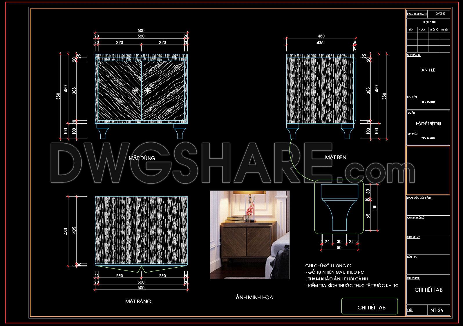132. Free Download – CAD Shop Drawing of Bedside Table