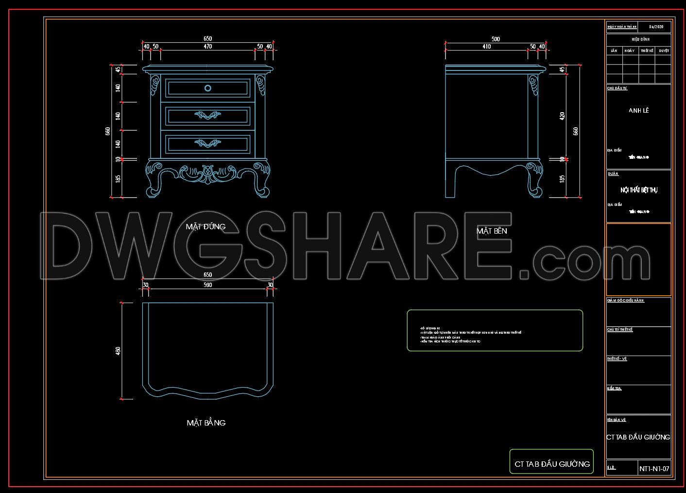 136. Free Download – CAD Shop Drawing of Bedside Table